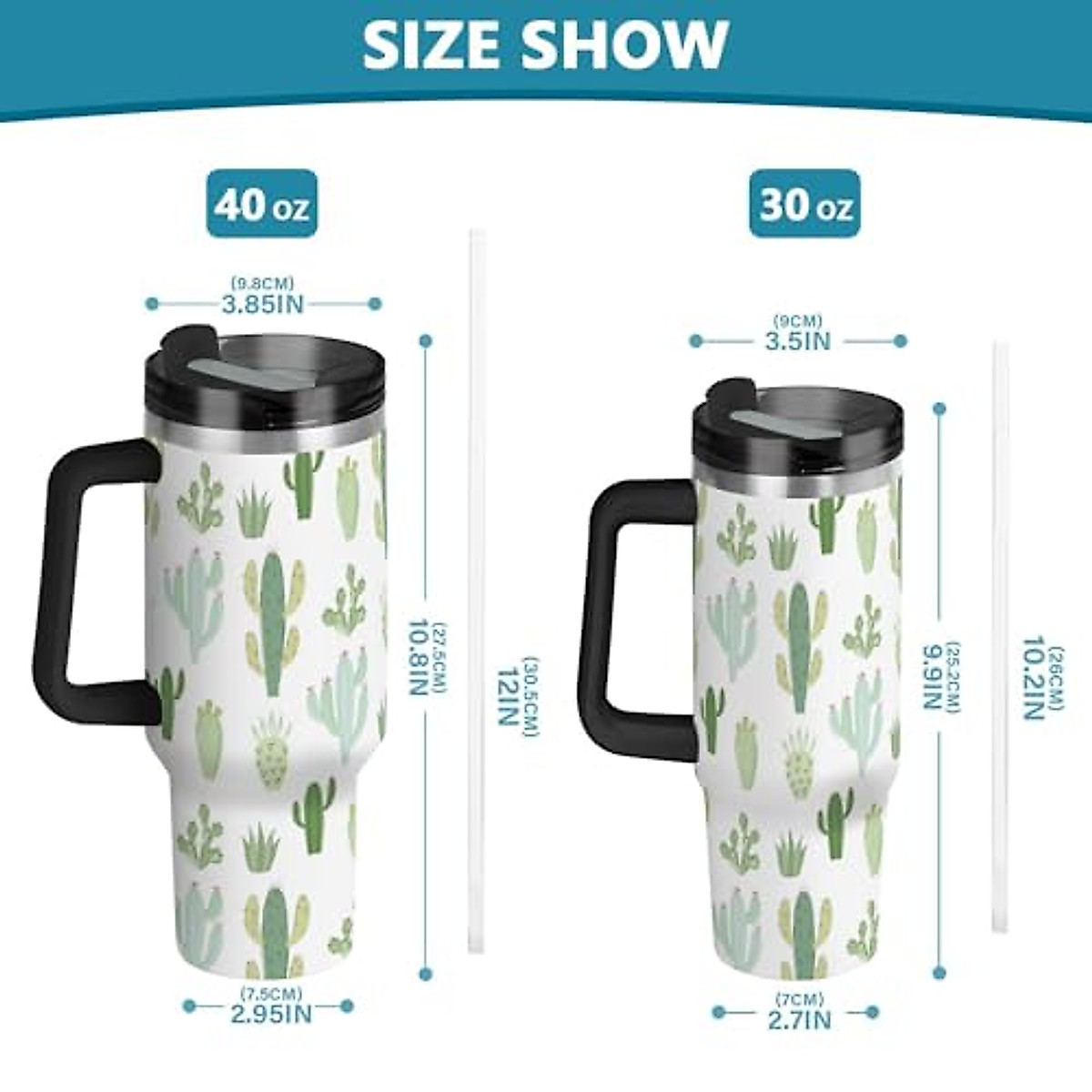 Cactus Green Succulents Plants Insulated Tumblers 30 oz Water Bottle Stainless Steel Tumbler Cups with Handle and Straw BPA-Free Travel Coffee Mug for Camping Office
