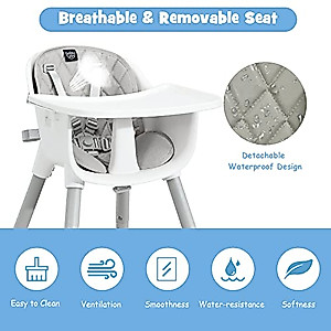 BABY JOY 5 in 1 Convertible High Chair, Infant Dining Chair Booster Seat with Removable Tray, 5-Point Harness, Detachable PU Leather Cushion, Highchair for Babies and Toddlers of 6-36 Months, Gray