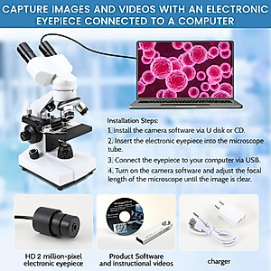 Crspexil Compound Binocular Microscopes 40X-2000X with 2.0 mp Camera, with Microscope Prepared Slides 30p,for Kids Students Adults,Microscope Accessories, Phone Adapter