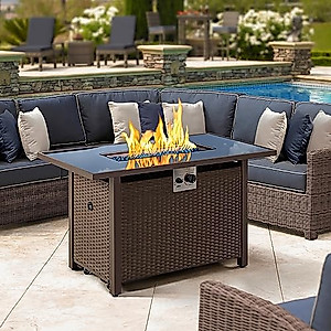 Yaheetech 43 Inch 50,000 BTU PE Rattan Propane Fire Pit with Tempered Glass Tabletop and Rain Cover, Gas Fire Pit with Lid and Fire Glass for Outdoor Heating/Patio/Terrace, Auto-Ignition, Brown
