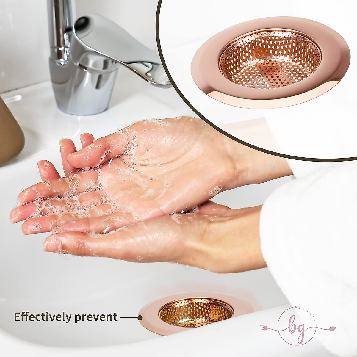 BLAGAIN 2PCS Kitchen Sink Strainer, Stainless Steel Sink Drain Strainer, Food Catcher for Most Sink Drains Basket, 4.5 Inch Diameter, Rose Gold