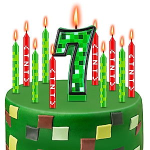 Landhoow 13 Pieces TNT Themed Birthday Candles for Cake Green Number Candle Pixel Cake Candles for Birthday Graduation Celebration Wedding Party Supplies Decoration(Number 7)
