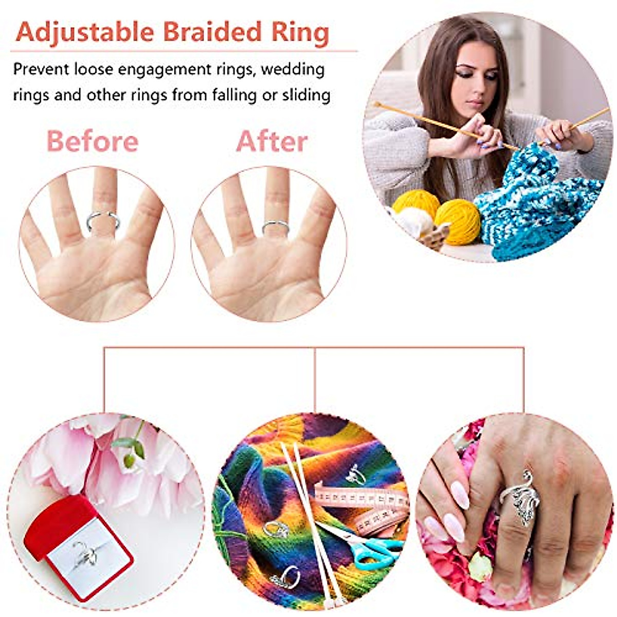 6 Pieces Adjustable Knitting Crochet Loop Ring Knitting Accessories Braided Knitting Ring Yarn Guide Finger Holder Open Finger Ring for Mother Grandma Thanksgiving Presents, 3 Styles (Silver)