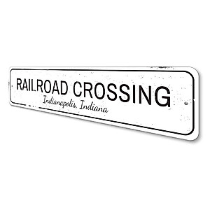 Railroad Crossing Sign, City State Train Sign, Train Station Decor, Custom Man Cave Aluminum Sign - 4" x 18"