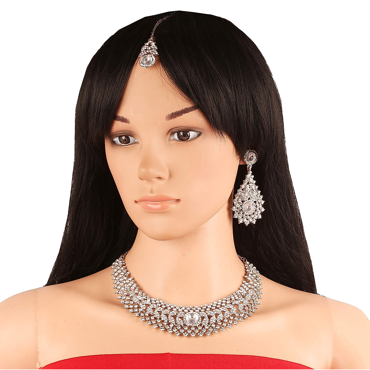 Touchstone Indian jewelry set for women rhinestone bridal necklace statement wedding brides earring formal big designer collar style trendy desi rhinestones maang tikka fashion in silver tone.