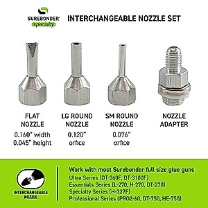 Surebonder Interchangeable Hot Glue Gun Nozzles - 4 Pack Includes Adapter, Small & Large Round Nozzles, Flat Nozzle - Made of Aluminum for Durability & Smooth Glue Flow