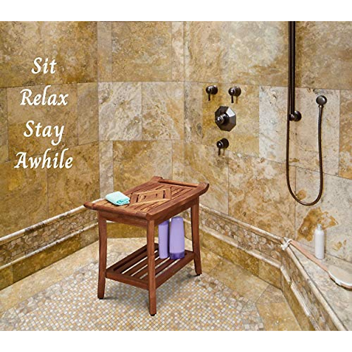 Luxury Teak Shower Bench Stool Seat Chair with Leveling Feet, Waterproof, Teak Oil Finish, Large, 25x19x14, for Bathroom, Spa, Sauna, Pool Deck, Patio, Garden, RV, from Our Diamond Collection