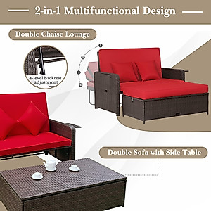 Tangkula Patio Rattan Daybed, Patiojoy Wicker Loveseat Sofa w/Multipurpose Ottoman & Retractable Side Tray, 4-Level Adjustable Backrest, Footstool w/Storage, Seat & Back Cushion Included