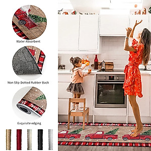 Libaoge Merry Christmas Kitchen Rugs and Mats Set of 1 Red Truck Pull Xmas Tree on Rustic Wood Grain Kitchen Sink Mat,Non-Slip Area Runner Rug,Washable Floor Mat for Home Dining Room Office 15"x47"