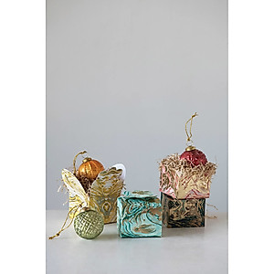 Creative Co-Op Embossed Glass Ornaments in Kraft Box, Orange, Pink, and Green, Set of 3