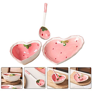 Angoily Ceramic Dessert Bowls Plate: 1 Set Love Heart Shaped Strawberry Salad Bowl with Spoon Porcelain Mixing Bowls for Soup Pasta Dessert Cereal Snack Rice Noodles Ice Cream