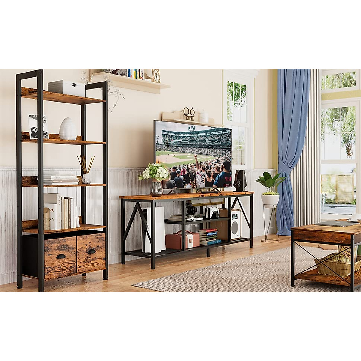 Furologee TV Stand with Power Outlets for 65 70 inch TV, Entertainment Center with Open Storage Shelves, Long 63'' TV Media Console Table with Soundbar Shelf for Living Room, Bedroom, Rustic Brown