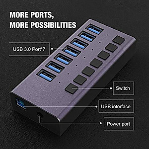 USB 3.0 Hub -7 Ports Powered USB Hub 36W USB Charging Hub with Individual On/Off Switches and 12V/3A Power Adapter and Light for PC, Laptop, Computer, Mobile HDD, Flash Drive and More（Purple）