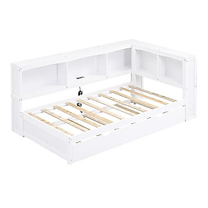 LostCat Twin Size Daybed with Trundle and L-Shaped Bookcase Storage, Wooden Day Bed Frame w/USB Plug and Storage Cabinets, Twin Sofa Bed Frame for Bedroom Guest Room, White