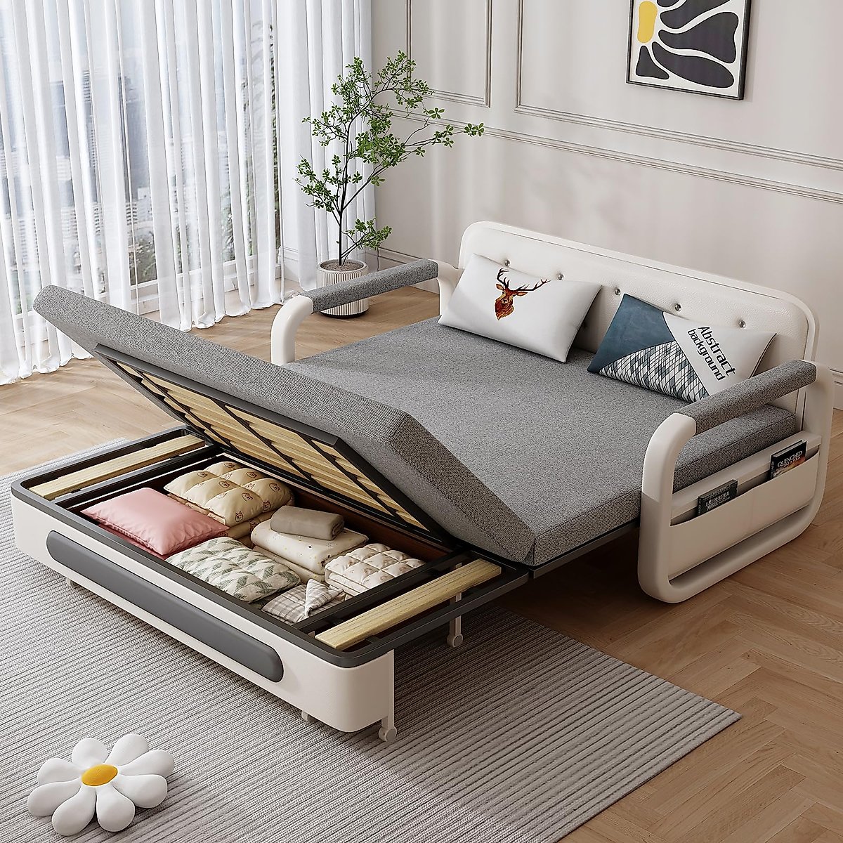 Etelifrank Put-Out Sofa Bed Futon，2-in-1 Convertible Sofa Couch with Storage，Foldable Linen Fabric Loveseat RV Sofa Bed for Small Place，Living Room，Apartment, Lounge(60''Lx34.25''Wx37.4''H)