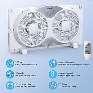 shinic 9" Blades Twin Window Fan with Reversible Airflow, Remote Control, 3 Speeds, 3 Functions, Bathroom Kitchen Exhaust Fan, Width Adjustable (From 23.5" to 37") ETL Certified Small Window Fan