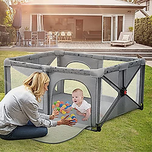 Yacul 29.3"-51.5" Stair Gate Black & Foldable Baby Playpen with Carry Bag, Lightweight Play Pen for Babies and Toddlers Easy to Assemble or Disassemble, 59x47x28 Inches