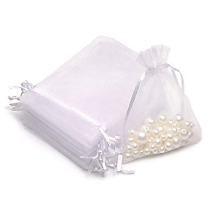 Akstore 100Pcs 2.8"x3.6"(7x9cm) Sheer Drawstring Organza Jewelry Pouches Wedding Party Christmas Favor Gift Bags (White)