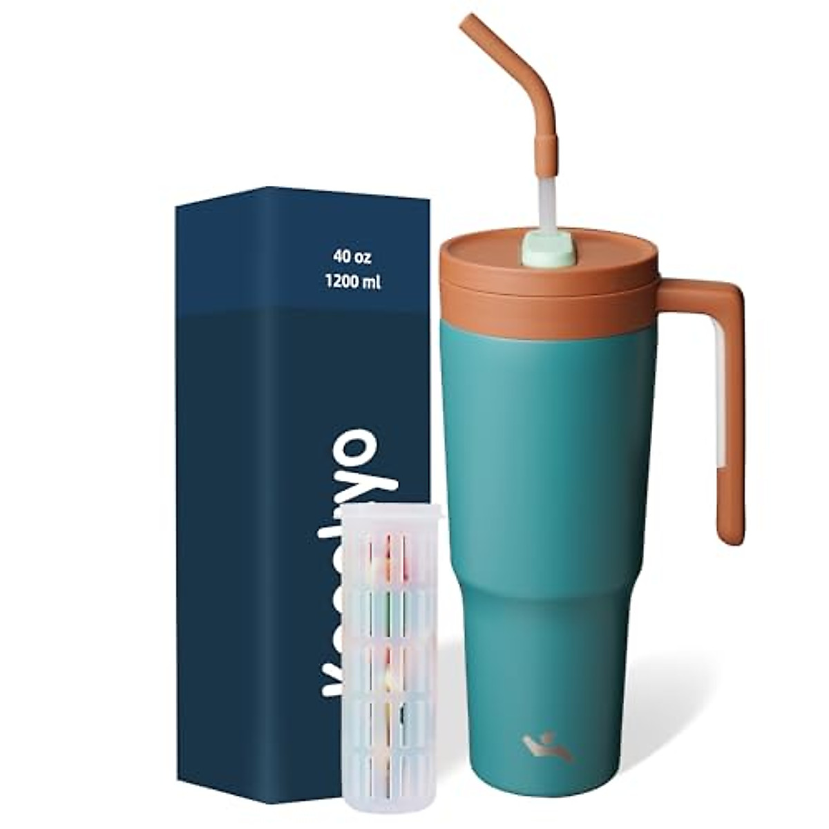Konokyo Insulated Tumbler with Handle and Straw,40 OZ Vacuum Stainless Steel Water Bottle Travel Mug Metal Cup with Fruit Diffuser,Lake Blue