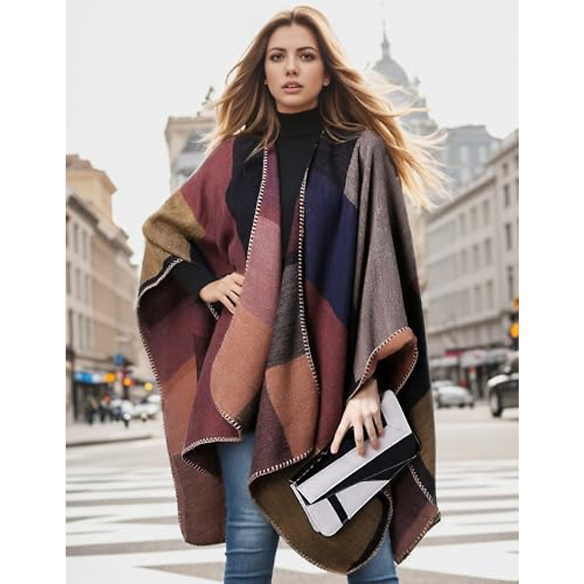 PAMEILA Women's Travel Plaid Shawl Wraps Open Front Poncho Cape Warm Oversized Sweaters Casual Cardigan Shawls for Fall Winter,Series 01-Khaki