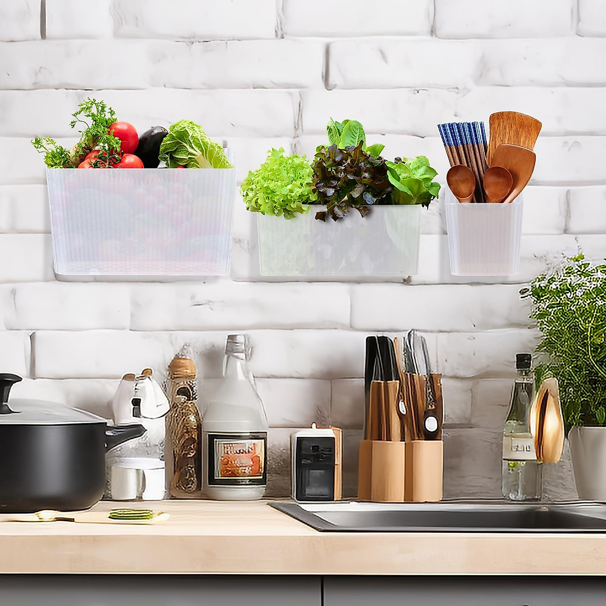 6 Pack Storage Organizer Bins Wall Mounted Organizer Basket Stackable Fridge Cabinet Door Bin Plastic Hanging Baskets with Self-adhesive Hooks for Kitchen Bathroom Pantry Freezer Under Sink - BPA Free