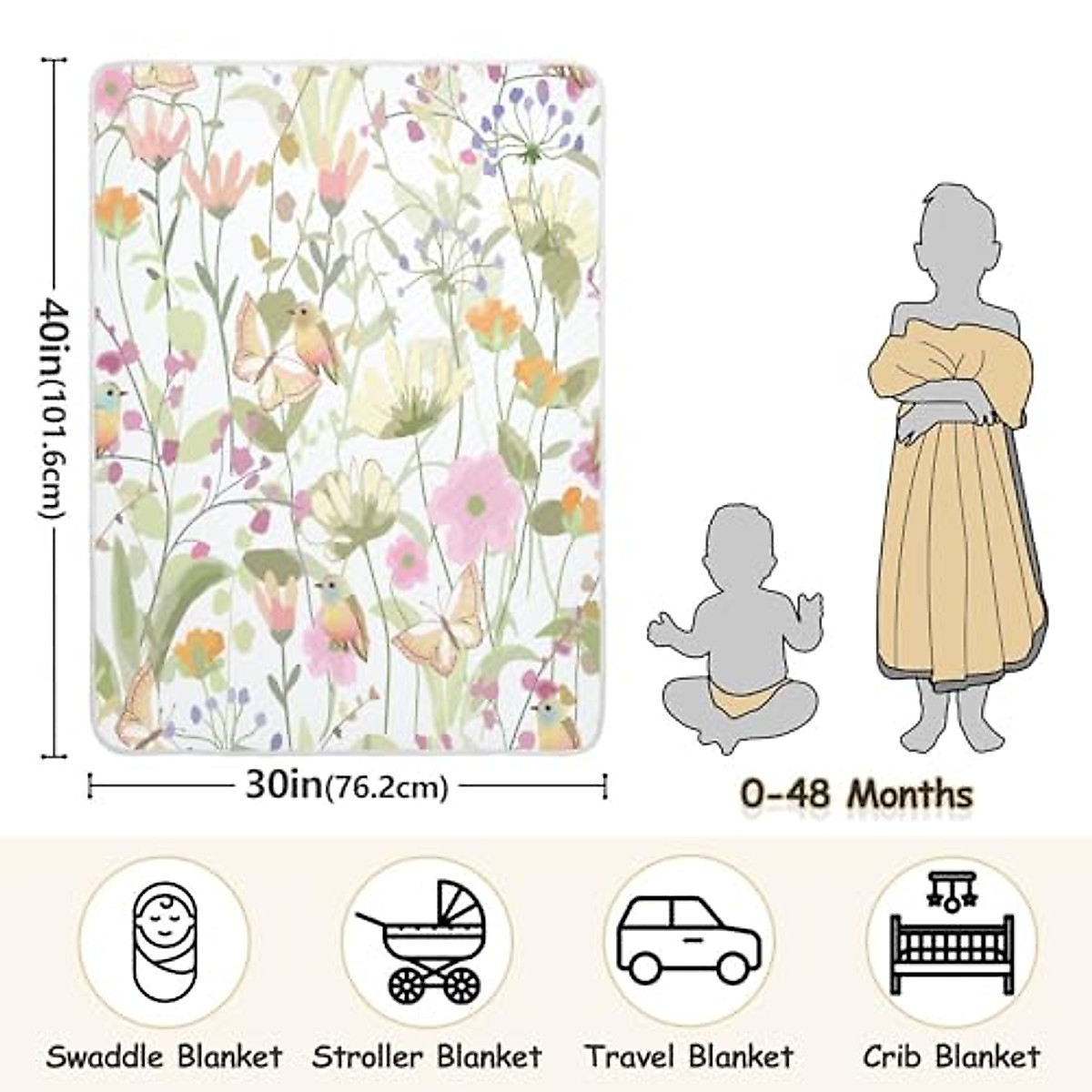 Kigai Flower Bird Baby Blanket for Boys Girls, Swaddle Blankets Soft Cozy Nursery Receiving Blankets Travel Blanket Throw Blankets for Toddler Newborn, 30 x 40 Inch