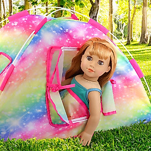 ZITA ELEMENT 7 Items Fashion Doll Camping Tent Set for 18 Inch Girl Doll Accessories - Including 18 Inch Doll Camping Tent, Sleeping Bag, Clothes Set, Shoes, Camera, EYE Glasses and Toy Dog
