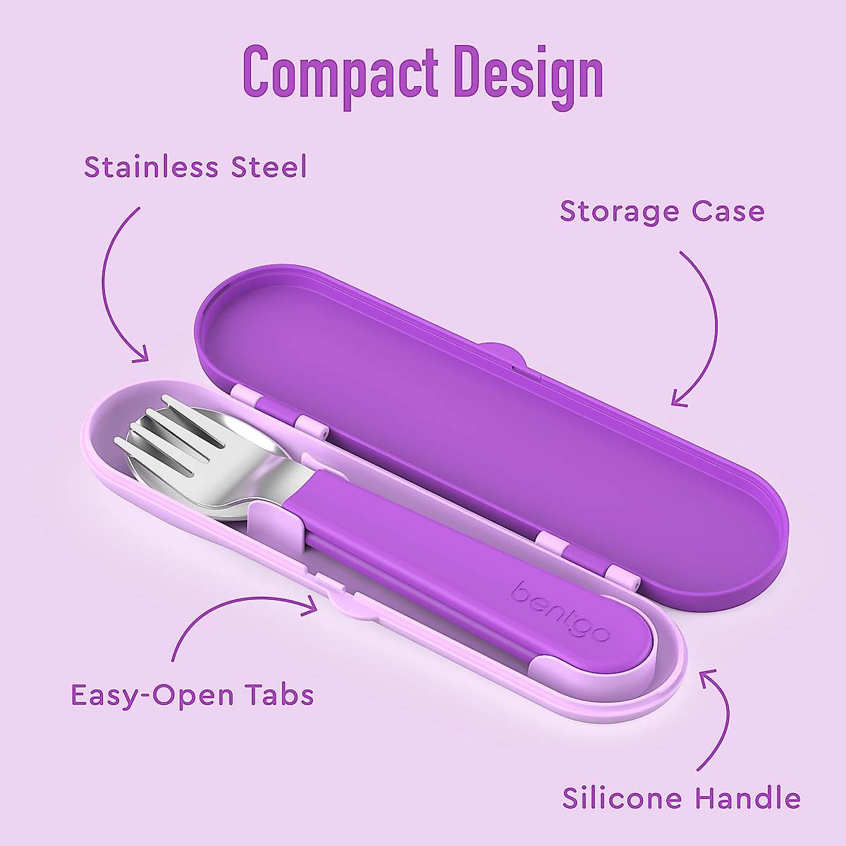 Bentgo® Kids Stainless Steel Utensil Set - Reusable Fork, Spoon & Storage Case - High-Grade BPA-Free Stainless Steel, Easy-Grip Handles, Dishwasher Safe for School Lunch, Travel & Outdoors (Purple)