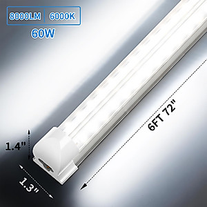 (Pack of 4) Linkable LED Utility Shop Lights for Garage, 6FT, 60W, LED Tube Ceiling Light T8 Integrated Single Fixture, 6000K, Daylight 8000lm V Shape, Basement, Offices, Clear Lens, Plug and Play