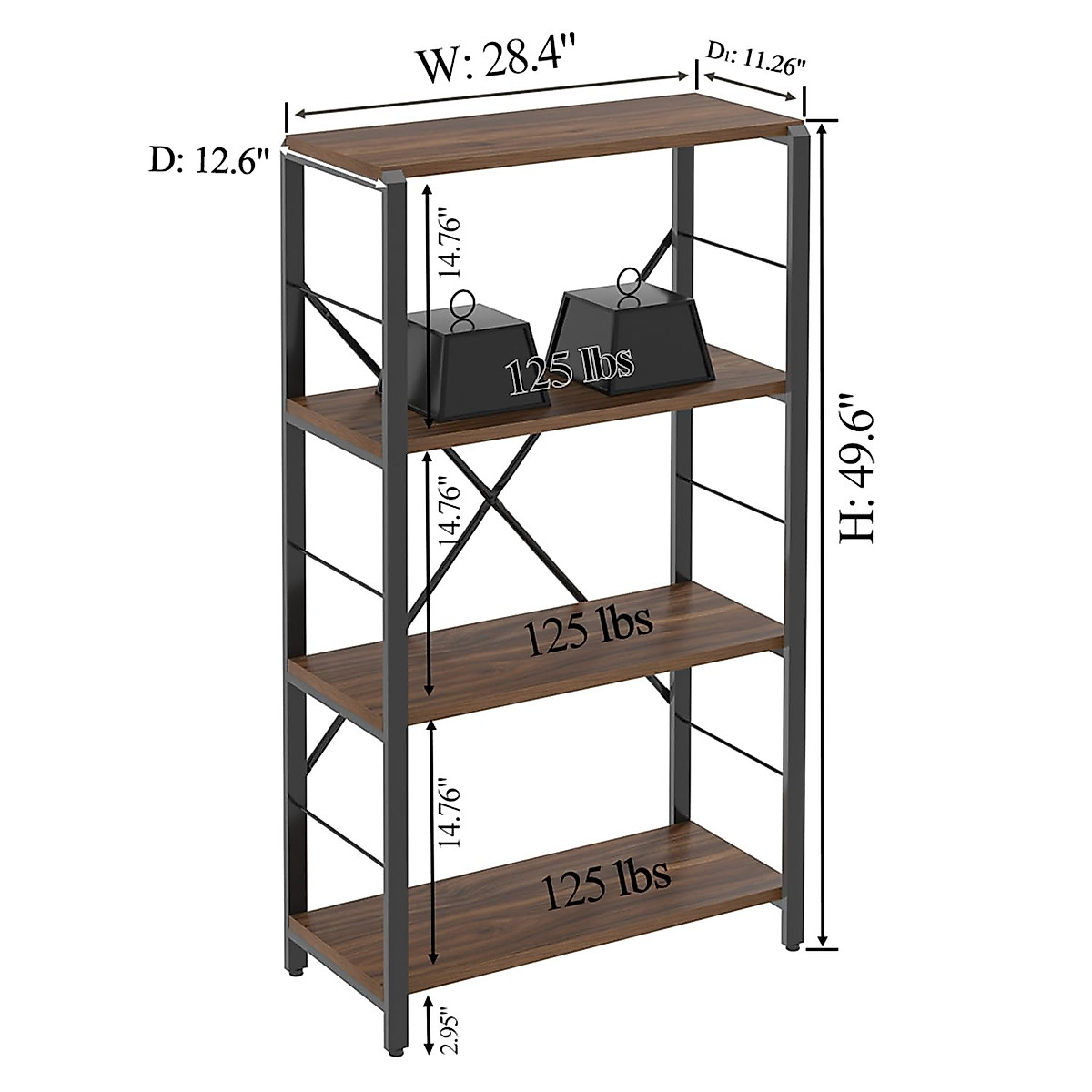 FOLUBAN Modern Bookshelf, 4 Tier Open Display Storage Book Shelf Organizer, Industrial Metal and Wood Bookshelves and Bookcases for Living Room Bedroom Office, Rustic Walnut