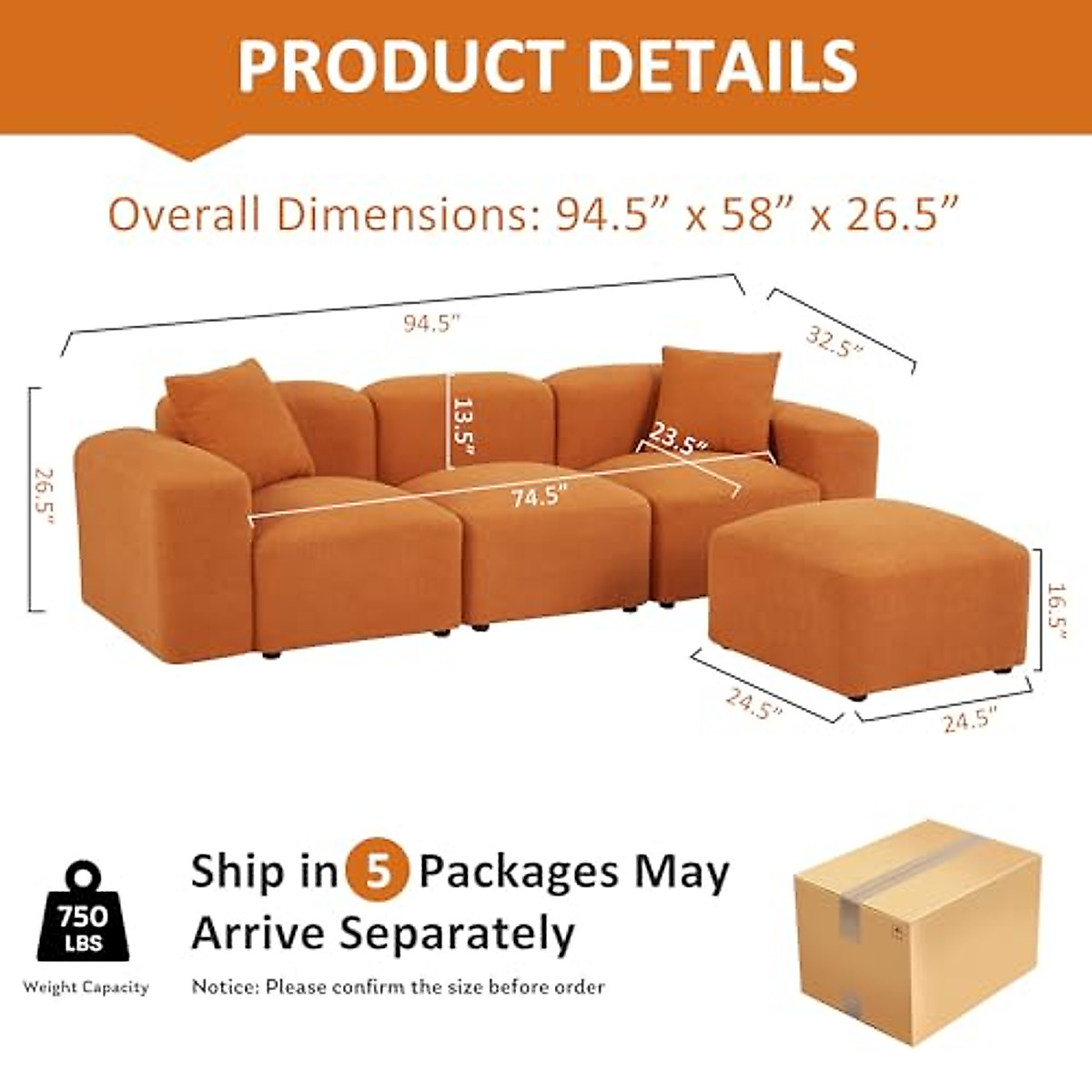 Wonder Comfort 94" Teddy Fabric L-Shaped Sectional Sofa with Reversible Ottoman, Sherpa Futon Couch with 2 Pillows for Living Room Apartment, Orange