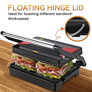 Panini Press Grill, Aigostar 1000W Sandwich Maker with Non-Stick Double Flat Cooking Plate, Indicator Light, Locking Lid, Cool Touch Handle, Panini Maker Electric Indoor Grill Easy to Storage & Clean