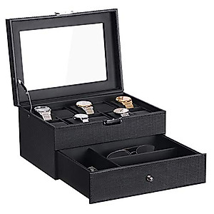 BEWISHOME Watch Box Organizer with Valet Drawer - Real Glass Top, Metal Hinge, Large Holder, Black Carbon Fiber Faux Leather - 10 Slots Watch Storage Case Jewelry Box for Men SSH14C