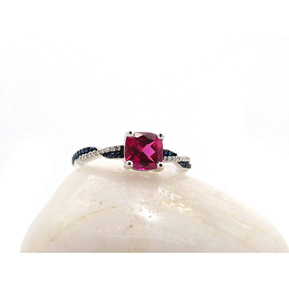 Dazzlingrock Collection 6 MM Cushion Lab Created Ruby with Round Blue Sapphire & Diamond Women Engagement Ring | 10K White Gold, Size 6.5