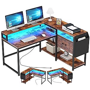 Loomie L Shaped Computer Desk with Power Outlets, 55"Wx41"D Reversible Corner Desk with LED Light, Drawer & Monitor Stand,Home Office Gaming Desk with 4 Tier Storage Shelves & Bag, Study Table,Rustic