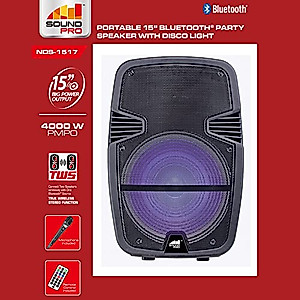 Naxa Electronics Portable Bluetooth Party Speaker with Disco Light, 15-inch, Black, Portable Party Speaker