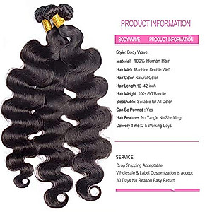 Fheaicr Human Hair Bundles 12A Brazilian Body Wave Bundles 100% Unprocessed Brazilian Hair 28 Inch Bundles Natural Black（1 Bundle)