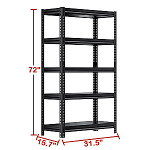POOUPHV 72" H Garage Shelving Heavy Duty Storage Shelves Loads 2000LBS,Adjustable 5 Tier Garage Storage Shelves Rack Shelf for Basement, Pantry, Warehouse, Kitchen, 72" H x 31.5" W x 15.7" D, Black