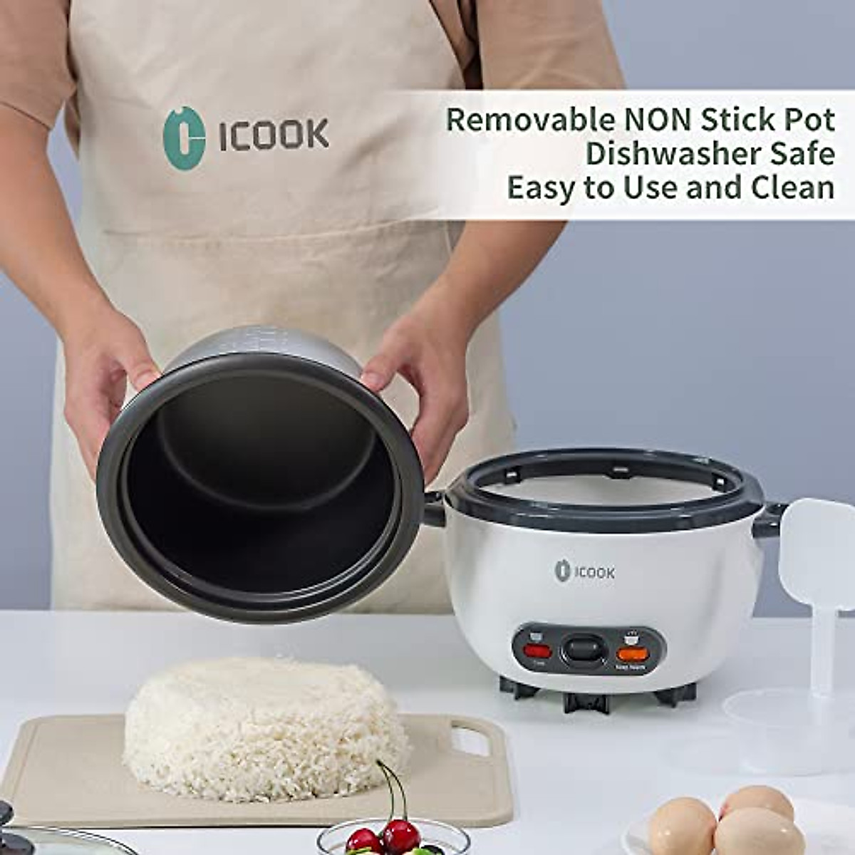 ICOOK 10-Cup Uncooked 20-Cup Cooked Rice Cooker1.8L Grains,Oatmeal,Cereals Cooker,Rice Warmer Steamer,Large Rice Cooker Removable Nonstick Pot,Full View Glass Lid,White
