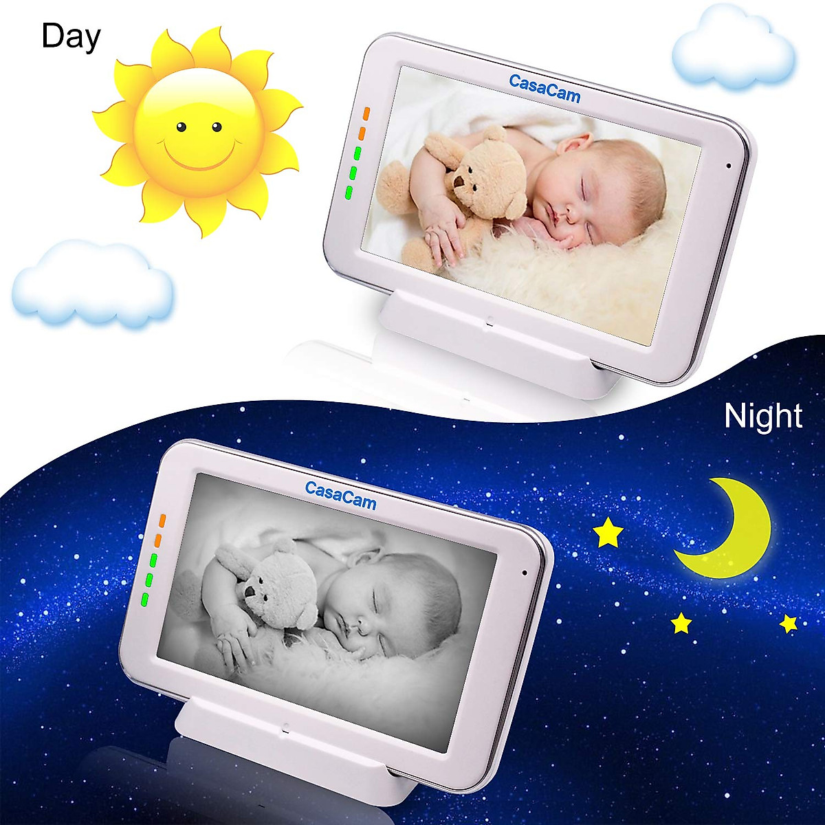 CasaCam BM240 Video Baby Monitor with 5" Touchscreen and HD Clip Camera, Two Way Audio, Lullabies, Nightlight, Automatic Night Vision and Temperature Monitoring Capability