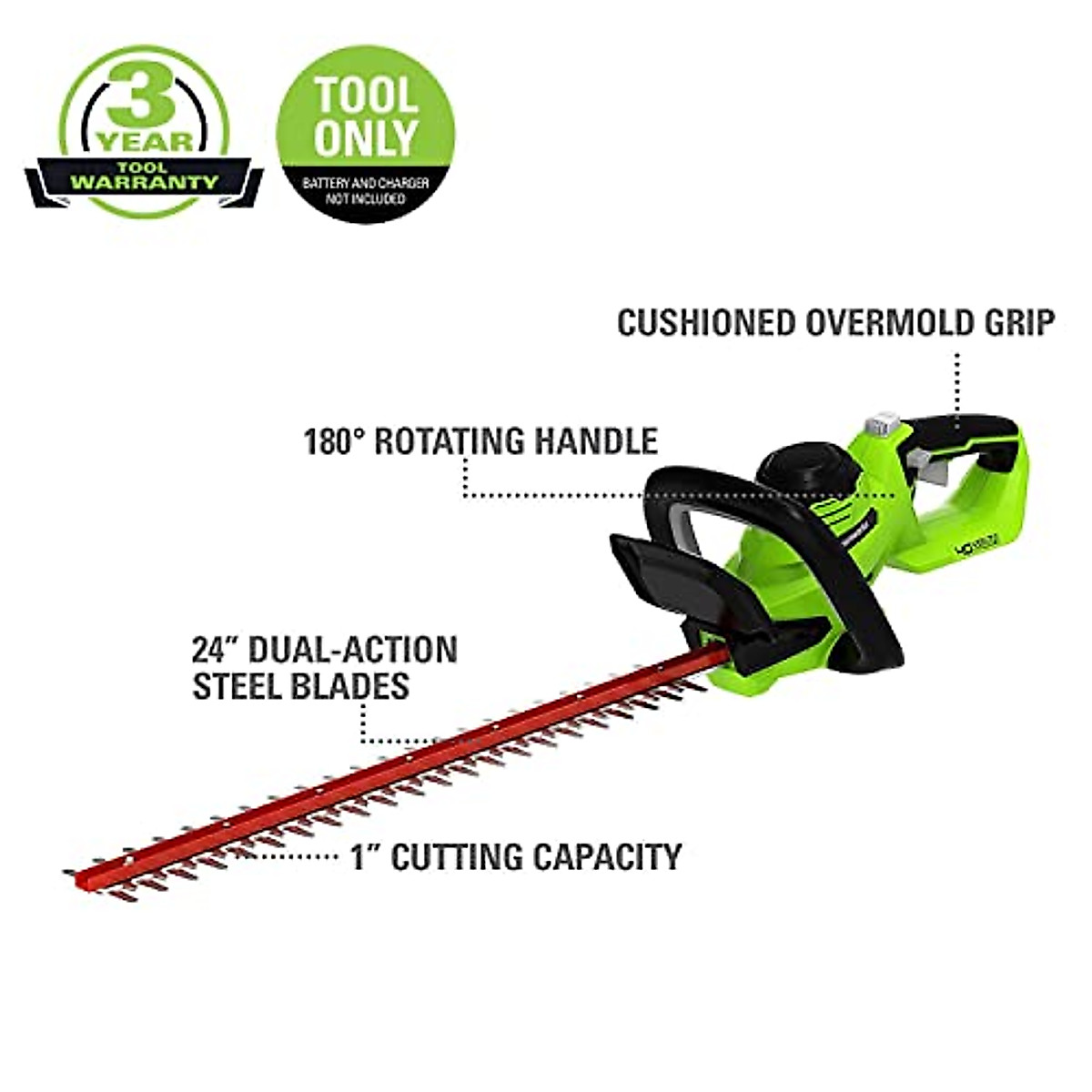 Greenworks 40V 24" Cordless Hedge Trimmer (1" Cutting Capacity), Tool Only