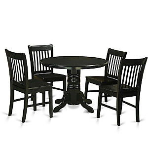 East West Furniture SHNO5-BLK-W 5 Piece Dining Set Includes a Round Dining Room Table with Pedestal and 4 Wood Seat Chairs, 42x42 Inch, Black