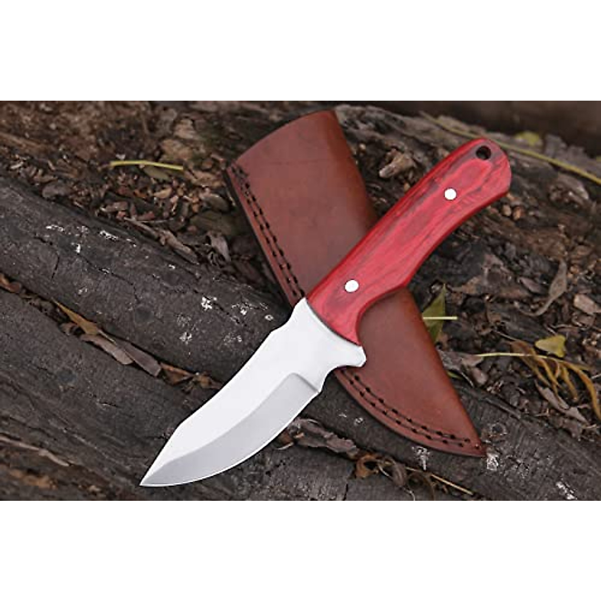 Exemplary Knives 9'' Handmade Fixed Blade knife with Cowhide Leather Sheath with integrated belt loop Stainless Steel Blade and Highly Polishing Red Pakkawood handle with Comfortable Grip for Outdoor Hunting, Hiking, Skinning, Camping and Bushcrafting.
