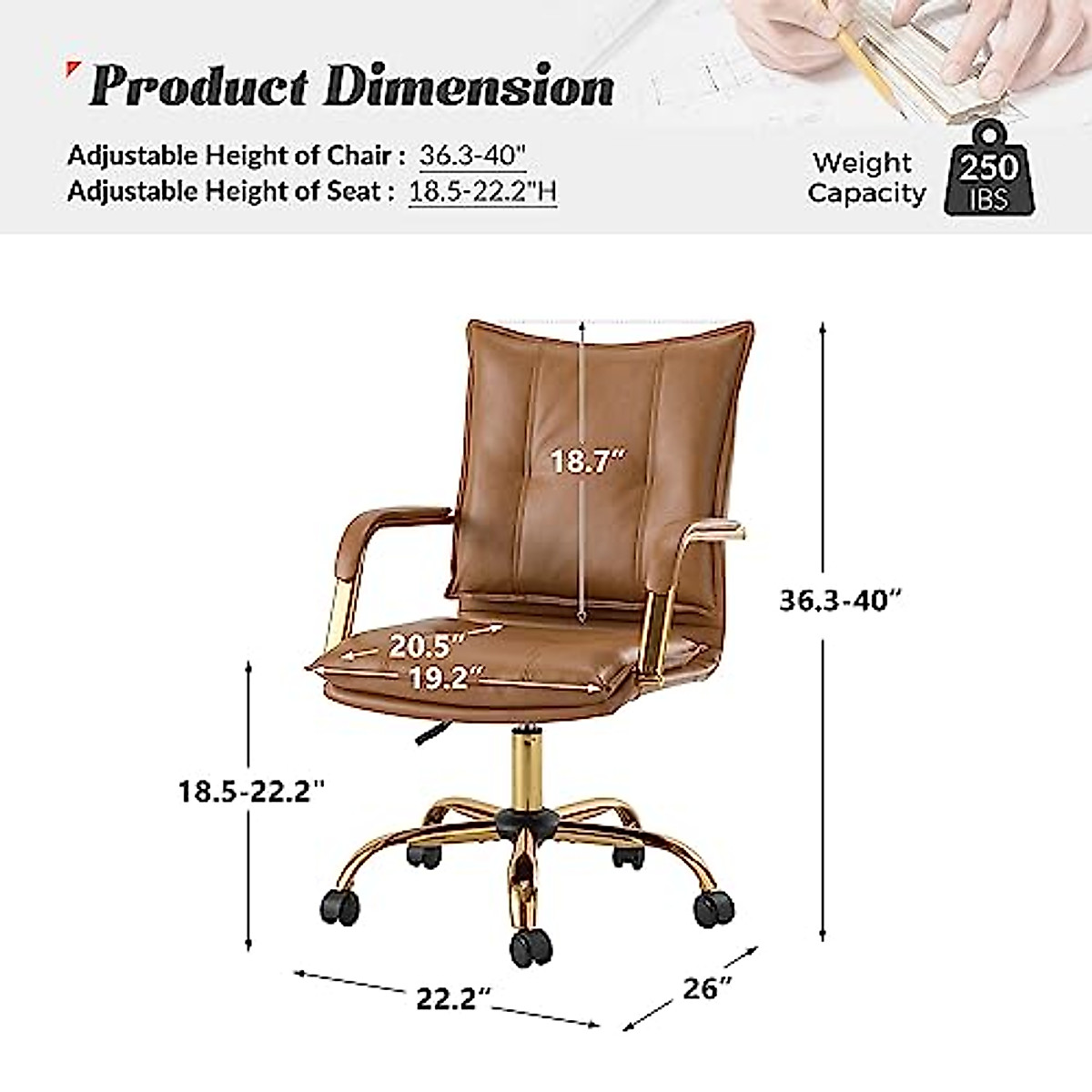 HULALA HOME Faux Leather Home Office Desk Chair, Adjustable Swivel Computer Chair with Golden Legs and Arms, Comfy Upholstered Task Chair,Camel