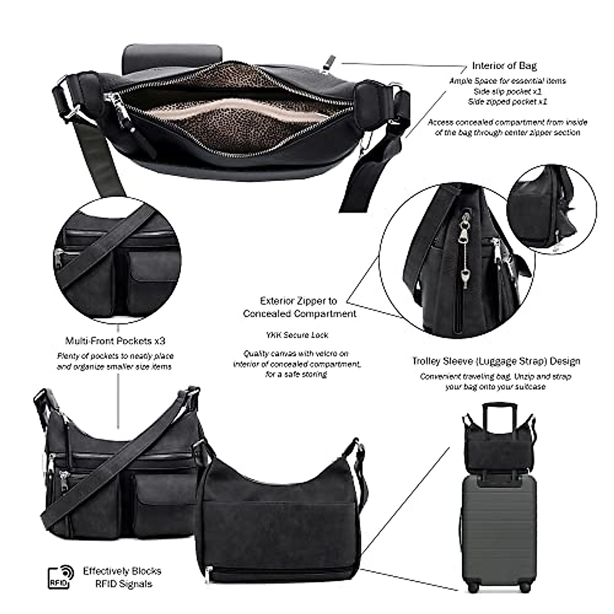 Jessie & James Large Concealed Carry Crossbody Bag For Women Gunbag Shoulder Purse With Detachable Holster Black