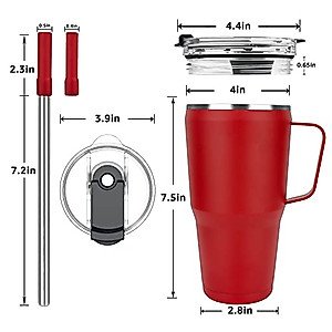 Sursip 30 oz Mug Tumbler with Screw Lid - Stainless Steel Vacuum Insulated Cup with Straw and Handle, Keeps Drinks Cold up to 24 Hours - Sweat Proof, Leak Proof, Dishwasher Safe, Car Holder (Red)