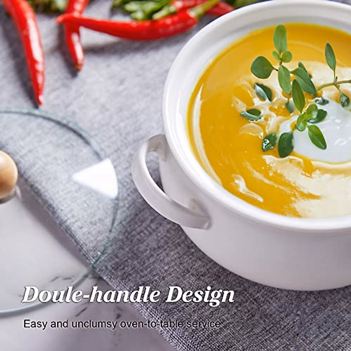 ALELION Small French Onion Soup Bowls, 18 OZ Soup Crocks with Double Handles and Glass Lids, Oven Safe Soup Bowls for Stew Chili Cheese Pot Pie Casseroles, Housewarming Gifts, Set of 4, White