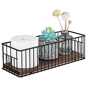 MyGift Toilet Paper Roll Holder Basket, Industrial Matte Black Metal Wire and Rustic Burnt Wood Above Tank Bathroom Toiletries Storage Organizer Vanity Basket