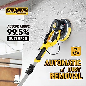 Drywall Sander, Electric Drywall Sander with Vacuum, Automatic Dust Removal, 7 Variable Speed, 900-1800RPM, 26’ Power Cord, Labor-Saving Handle and Patented Fixture for Ceiling Sanding, LED Light