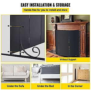 VEVOR Fireplace Screen, 47 x 34.3 Inch, 3-Panel Iron Freestanding Spark Guard with Support, Metal Craft, Broom Tong Shovel Poker Included, for Fireplace Decoration & Protection, Black